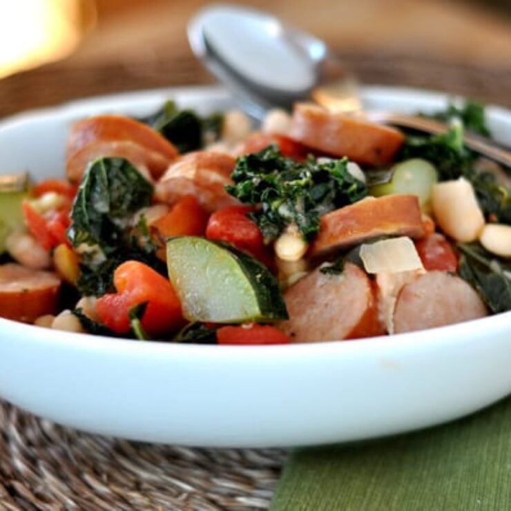 White Bean and Sausage Ragout {with Tomatoes, Kale and Zucchini}