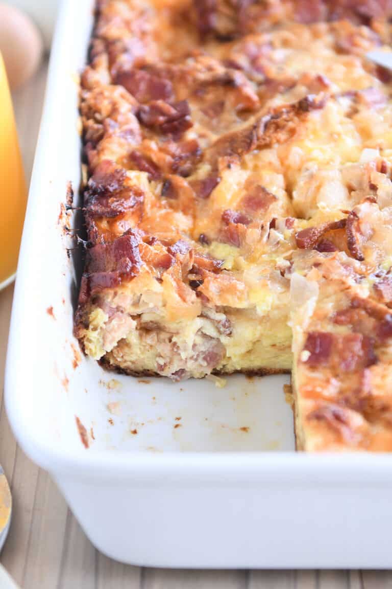 Overnight Cheesy Bacon Croissant Breakfast Casserole