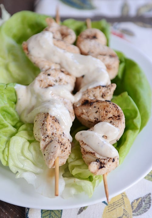 Grilled Lemon Chicken Skewers with Yogurt-Hummus Sauce