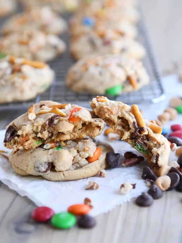 Peanut Butter Kitchen Sink Cookies {Caramel, Pretzels & M&Ms}