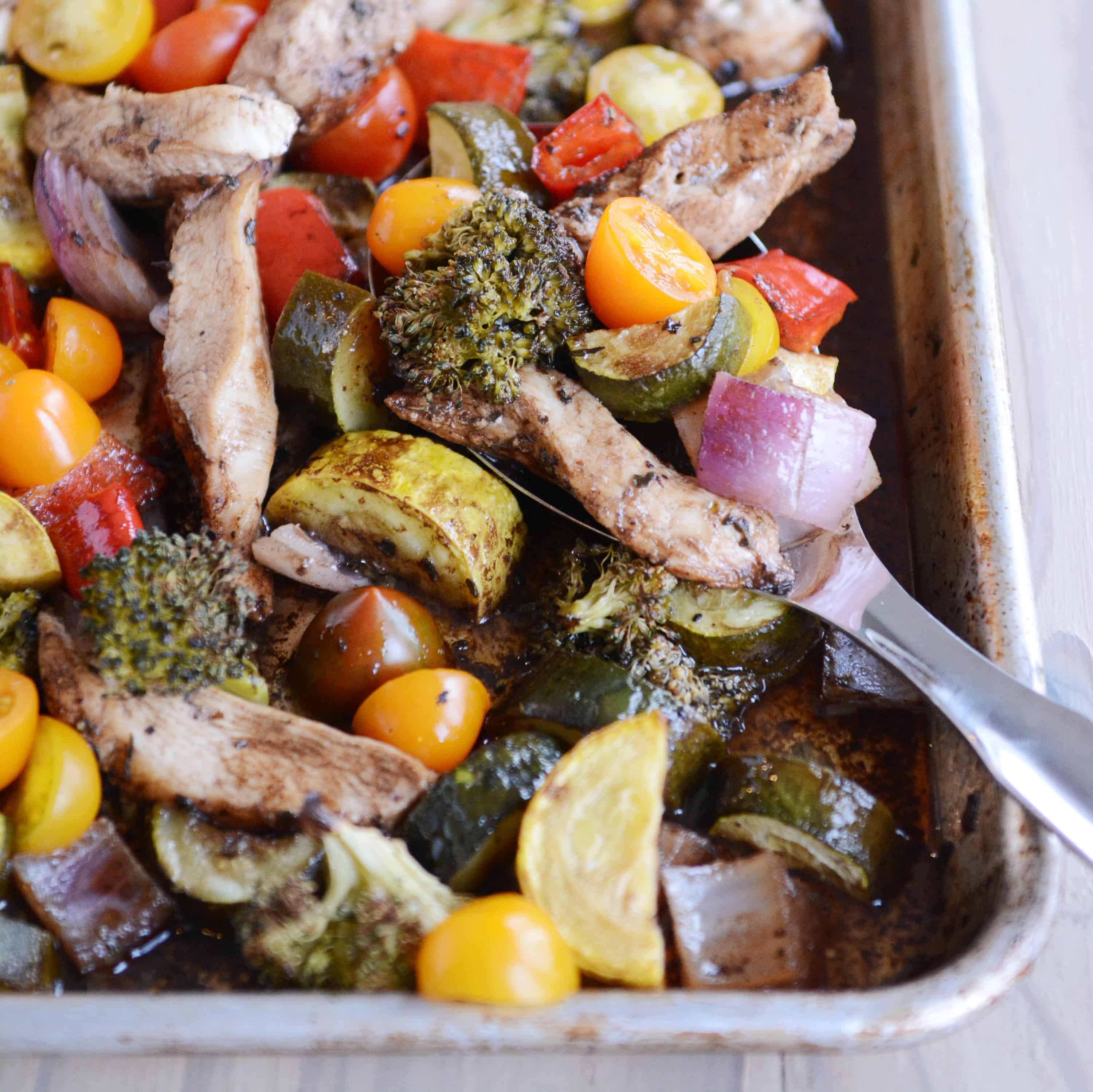 Sheet Pan Balsamic Chicken + Veggies Dinner {30-Minute Meal}